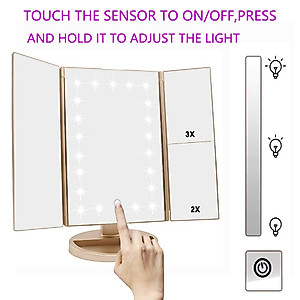 deweisn Floor Mount Tri-Fold Lighted Vanity Mirror with 21 LED Lights, Touch Screen and 3X/2X/1X Magnification, Two Power Supply Modes Make Up Mirror,Travel Mirror