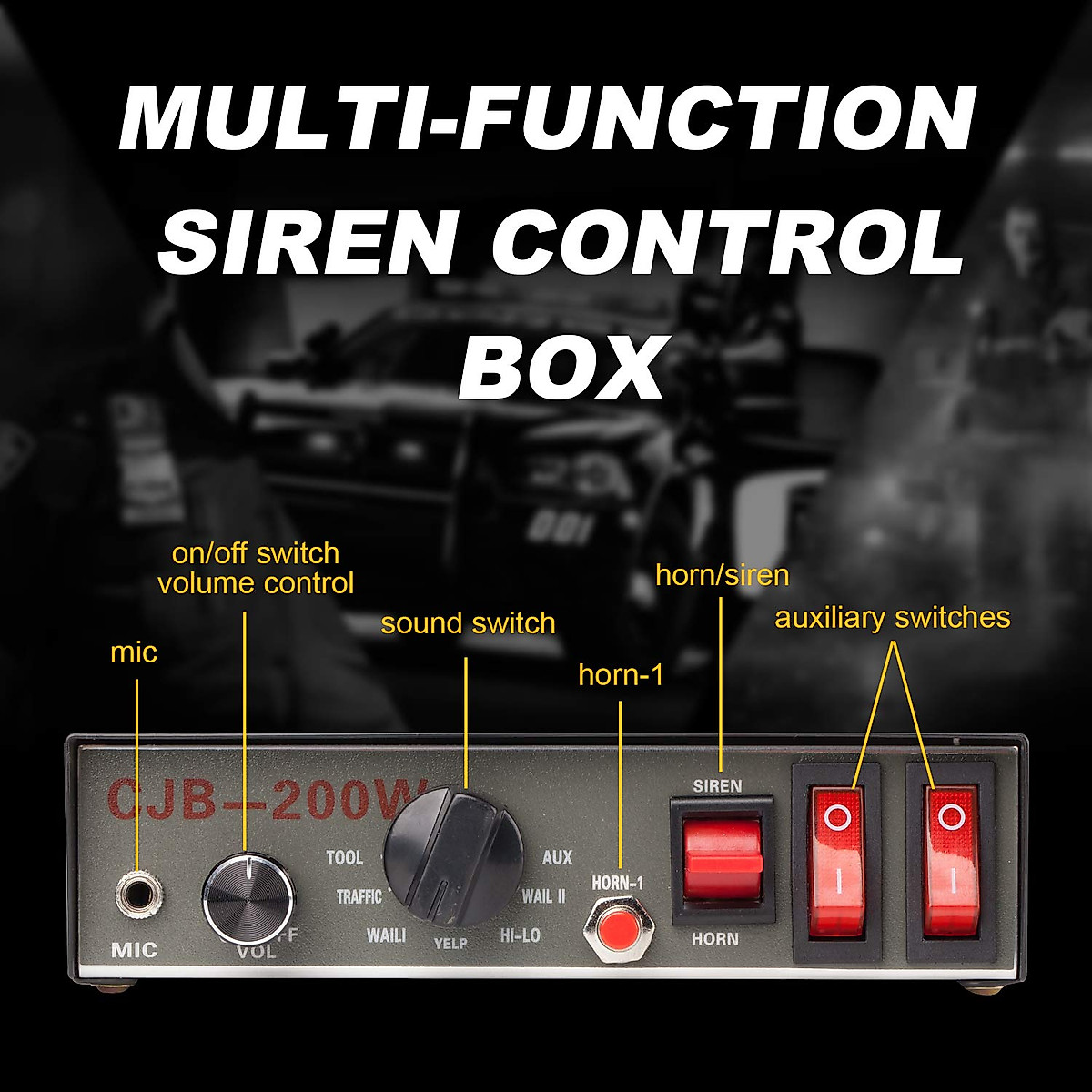 YHAAVALE CJB200P Amplifier Police Siren & Black Plastic Square Speaker,DC12V 200W 9 Tones Wired Handheld Microphone Loudspeaker Emergency Siren Electronic PA System