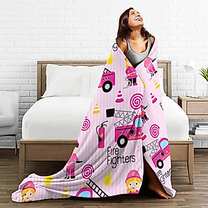 Girly Firefighters Cute Pink Fire Truck Throw Blanket Super Soft Warm Bed Blankets for Couch Bedroom Sofa Office Car, All Season Cozy Flannel Plush Blanket for Girls Boys Adults, 50"X40"