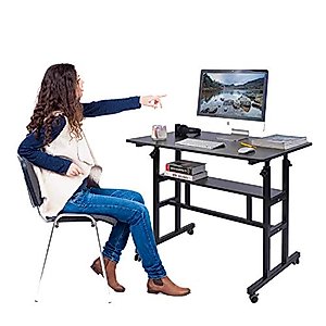 AIZ Mobile Standing Desk, Adjustable Computer Desk Rolling Laptop Cart on Wheels Home Office Computer Workstation, Portable Laptop Stand Tall Table for Standing or Sitting, Black, 39.4" x 23.6"