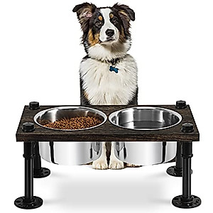 Elevated Dog Bowls Raised Dog Bowl Stand for Large Dogs Farmhouse Dog Food and Water Stand Feeder with 2 Stainless Steel Bowls Waterproof Wood Board Rustic Brown