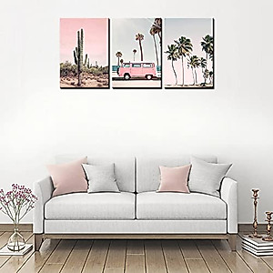 Tucocoo Modern Pictures for Living Room Beach Palm Trees Paintings 3 Pieces Canvas Summer Pink Wall Art Saguaro Cacti Artwork Home Decor Giclee Wooden Framed Stretched Ready to Hang(42x20inch)