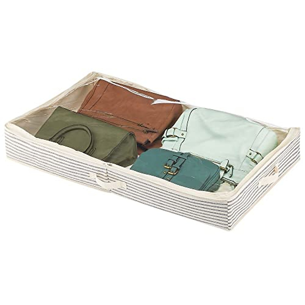 mDesign Soft Fabric Under Bed Storage Organizer Holder Bag for Clothing, Accessories, Linen - Easy-View Top Panel, Attached 2-Way Zippered Lid, Side Handles - 4 Pack - Natural/Cobalt Blue