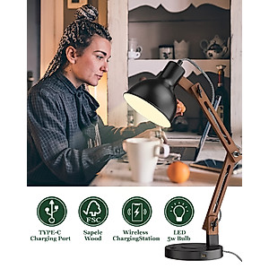 ELYONA Upgraded Industrial Dimmable Floor Lamp & Wood Desk Lamp with Wireless Charging & USB Port, Swing Arm, LED Bedside Table Lamp for Bedroom, Adjustable Reading Task Lights for College Dorm