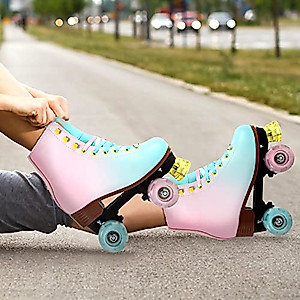 LIKU Quad Roller Skates for Girl and Women with All Wheel Light Up,Indoor/Outdoor Lace-Up Fun Illuminating Roller Skate for Kid (Pink&Blue, 1-2)