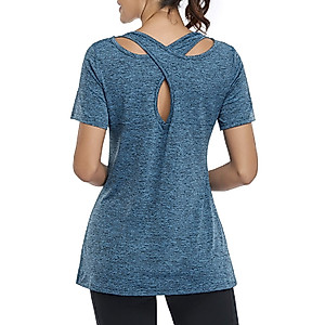 Kimmery Sport Shirts for Women Jersey Sexy Open Back Yoga Tops Loose Fit Sweet Wicking Scoop Neck Short Sleeve Work Out Tunics Home Camping Athleisure Wear Blue Medium