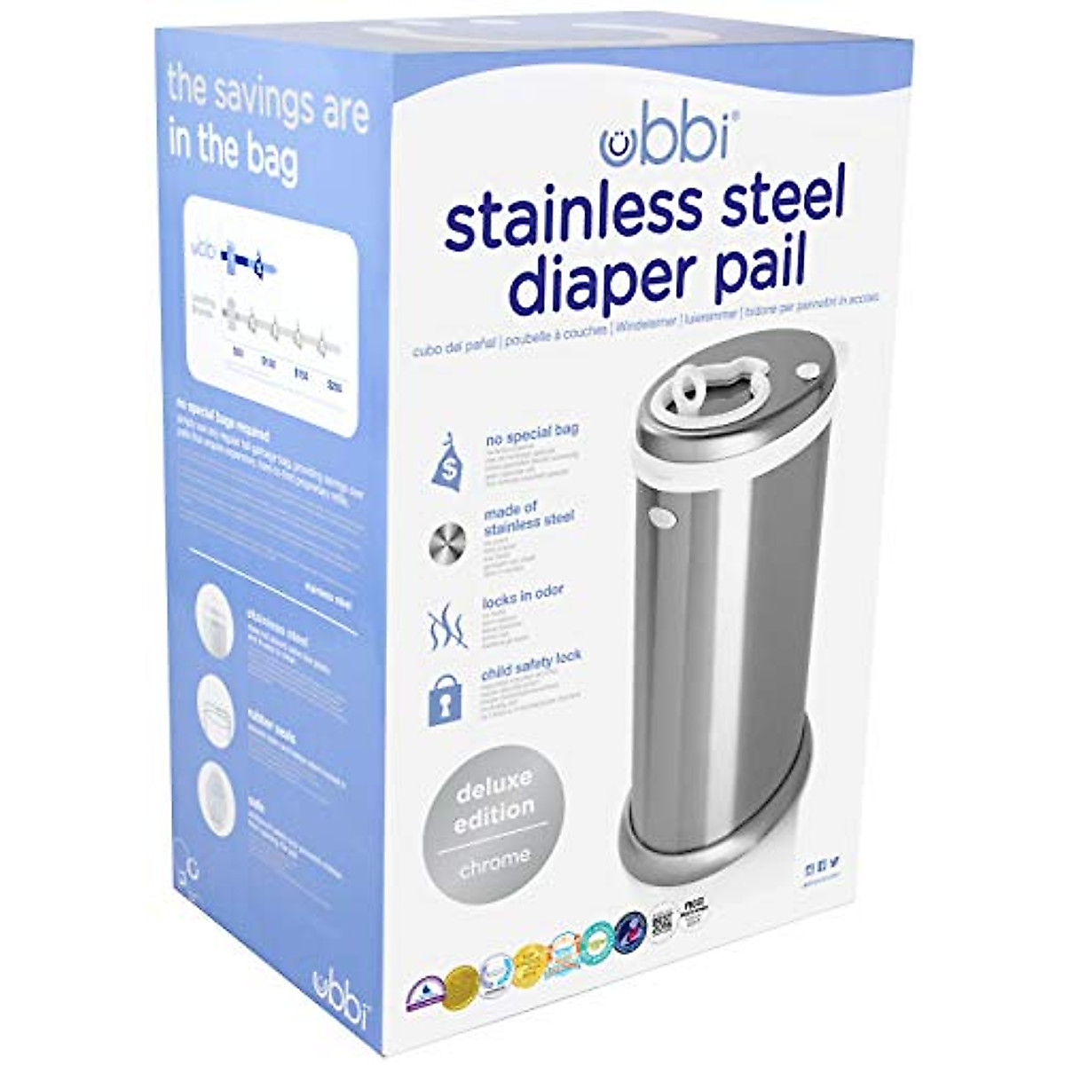 Ubbi Steel Odor Locking, No Special Bag Required, Money Saving, Awards-Winning, Modern Design Registry Must-Have Diaper Pail, Chrome