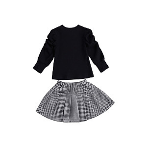 Sasaerucure Kids Toddler Baby Girl Outfit Knitted Long Puff Sleeve Sweater Tops with Houndstooth Skirt 2pcs Winter Spring Clothes Set (Black, 6-7 Years)