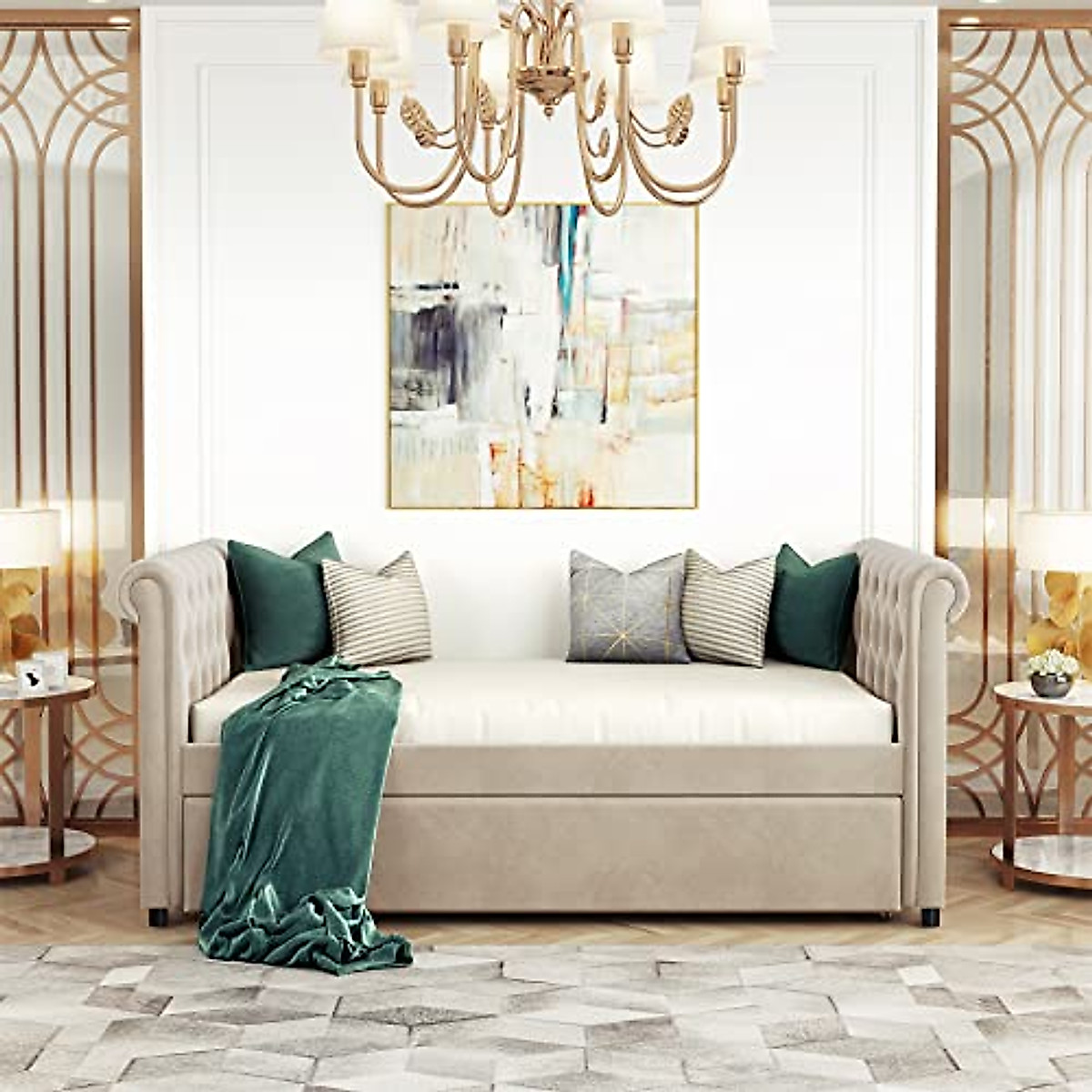 Harper & Bright Designs Twin Daybed with Trundle Bed, Twin Size Upholstered Daybed with Wood Slat Support, Upholstered Tufted Sofa Bed, No Box Spring Needed (Twin, Beige)