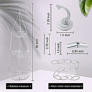 Hotop 3-Tier Hanging Fruit Basket Vegetable Storage Wire Basket with 16 Inch Fixture Chain and Ceiling Hook for Putting Fruit Vegetables Snacks Household Items (White)