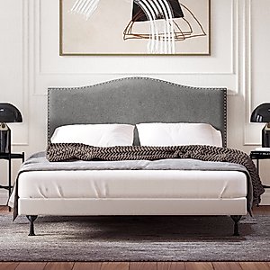 Glenwillow Home Kameli Nailhead-Trim Camelback Upholstered Headboard, Stone, Full/Queen