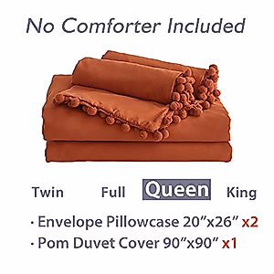 Andency Pom Pom Fringe Duvet Cover Queen Size (90x90 Inch), 3 Pieces (1 Solid Orange Duvet Cover, 2 Pillowcases) Soft Washed Microfiber Duvet Cover Set with Zipper Closure, Corner Ties