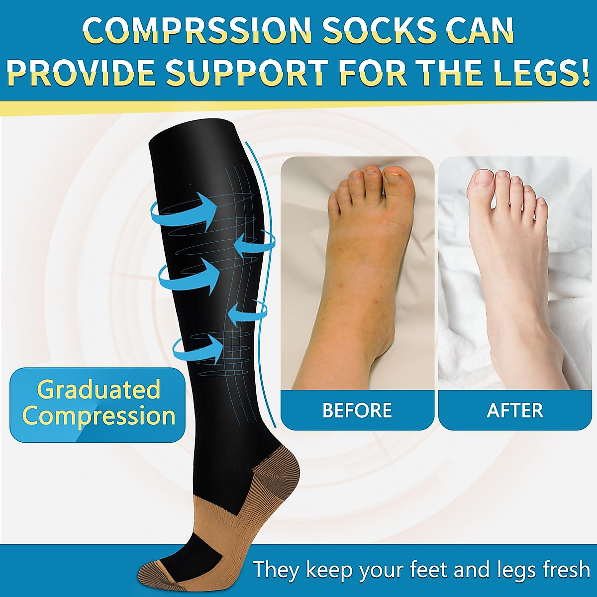 Iseasoo 3 Pairs Copper Compression Socks for Women&Men Circulation-Best for Running,Nursing,Hiking,Flight&Travel(L/XL)