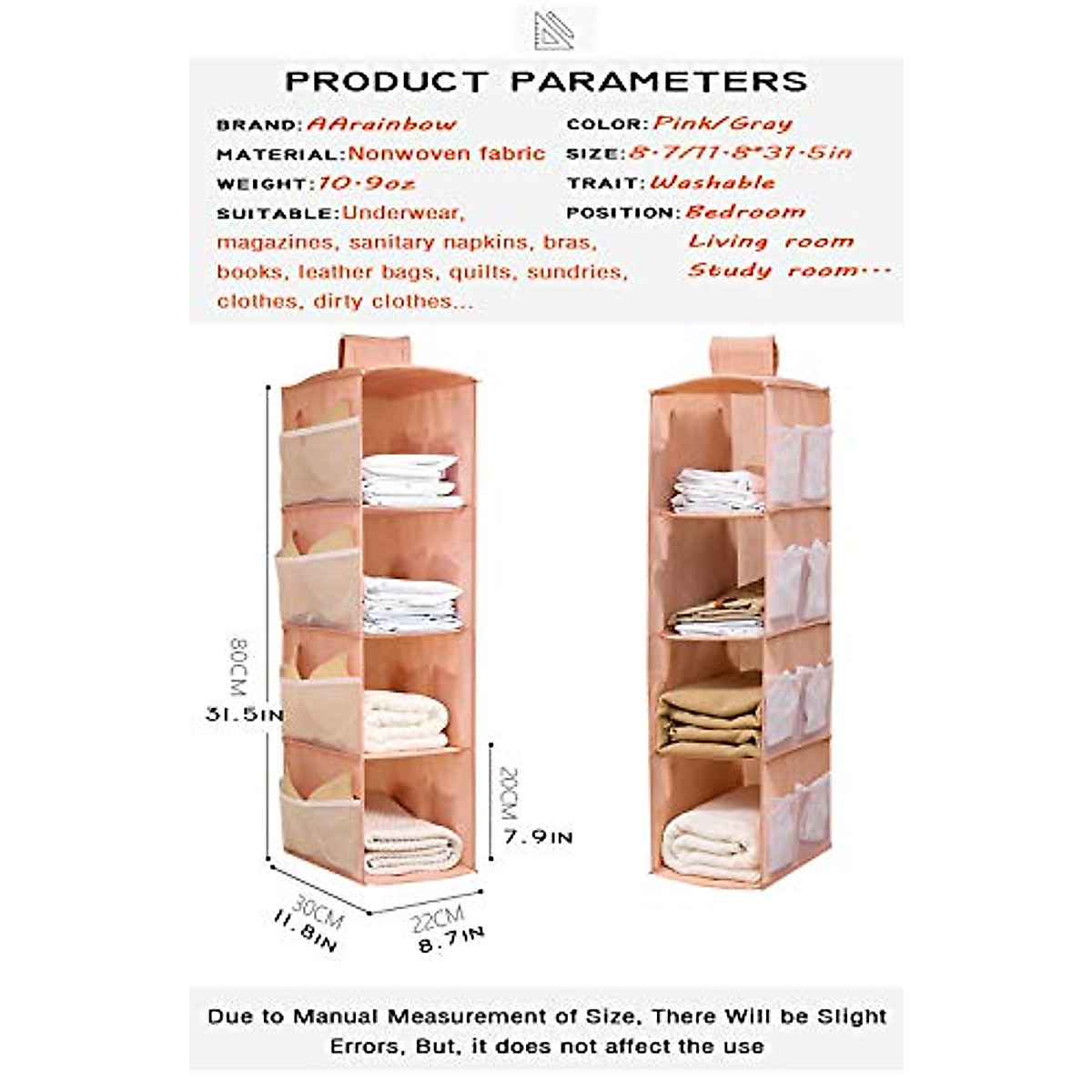 AARAINBOW 2 Packs Hanging Closet Organizer with 4 Shelf Wardrobe Clothes Organizer with 12 Side Pockets, Collapsible Hanging Storage for Sweater Pants Bra Socks (Gray Pink)