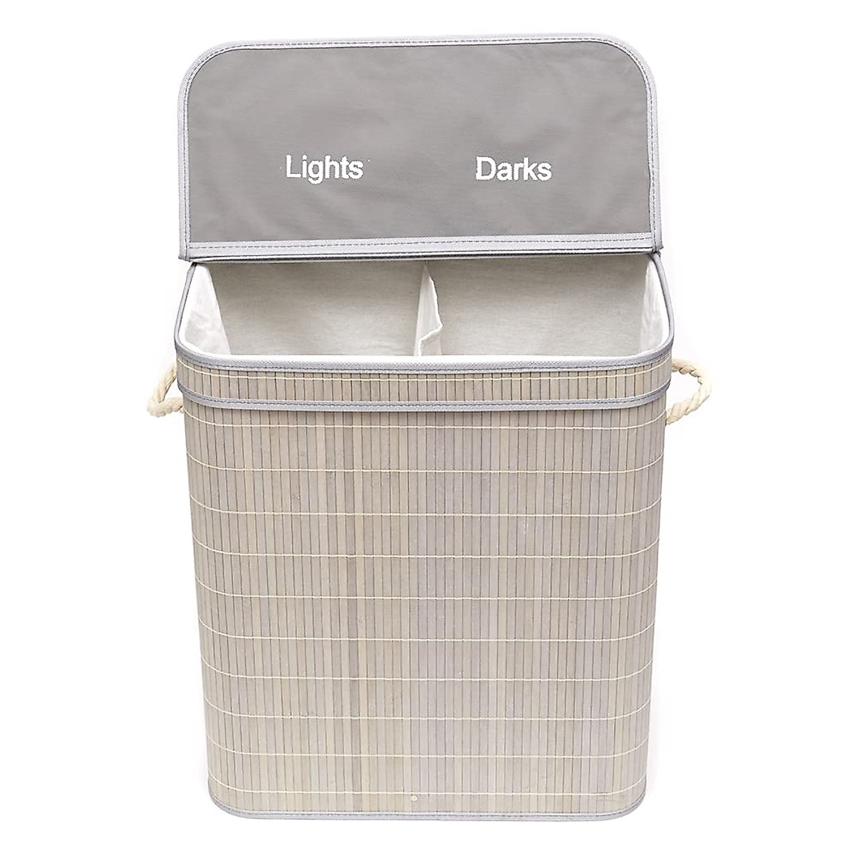 Home Basics 2 Compartment Foldable Rectangle Bamboo Hamper with Liner (Grey)