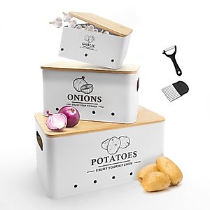 Dekosilave Kitchen Vegetable Storage Set of 3, Metal Onion Garlic Potato Storage Set, Kitchen Canisters Vegetable Keeper Containers with Aerating Holes and Wooden Lid (White)