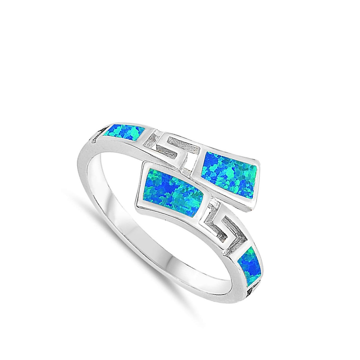 Blue Simulated Opal Wave Double Shank Greek Key Ring Sterling Silver Band Size 6