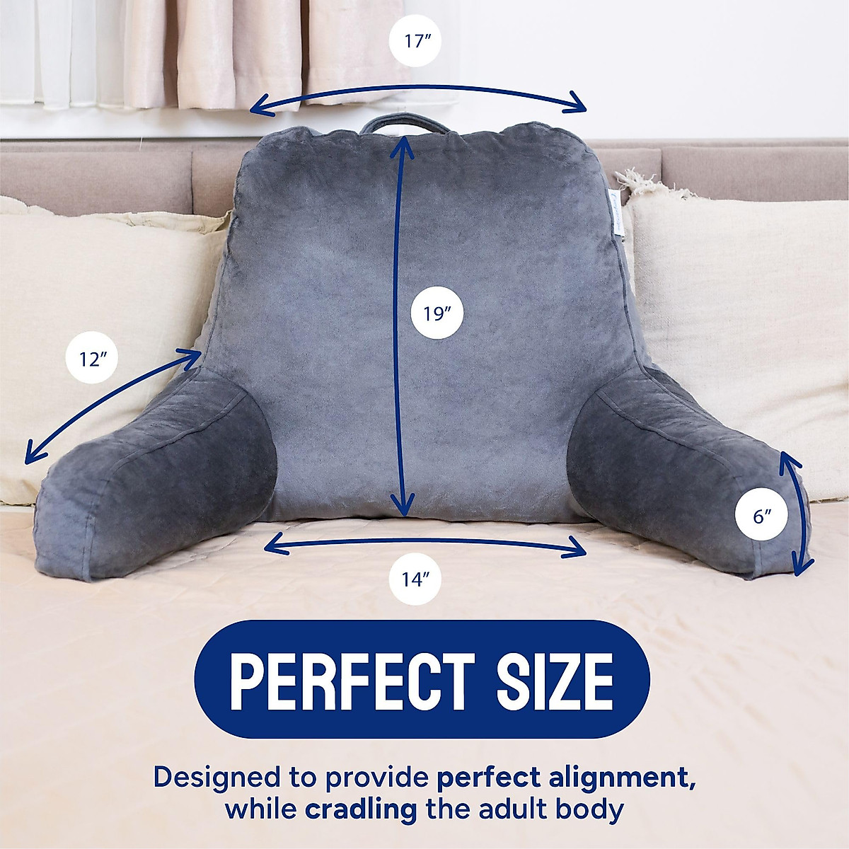 ComfortSpa Reading Pillow Bed Wedge Large Adult Backrest Lounge Cushion with Arms and Pockets | Back Support for Sitting Up in Bed / Couch for GERD Heartburn Bedrest (Grey)