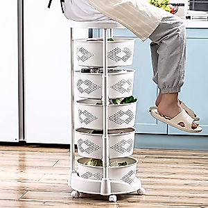 Gdrasuya10 Rotating Multi-Layer Kitchen Storage Shelf Metal Corner Shelves Stackable Removable Basket Rack Organizer on Rolling Wheels for Fruit Vegetable (5-Tier, White)