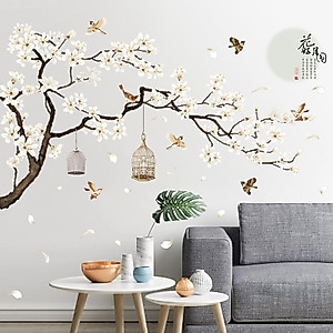 Chinese Style White Flowers Black Tree and Flying Birds Wall Stickers Removable DIY Wall Art Decor Decals Murals for Offices Home Walls Bedroom Study Room Wall Decaoration, 50inchx74inch