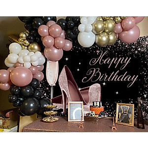 Rose Gold Glitter Happy Birthday Backdrop High Heels Champagne Glass Photography Background for Adult Women Birthday Party Decorations Banner Photo Booth 7x5ft