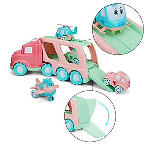SHCKE Cartoon Pink Toy Cars for Girls, 5 in 1 Friction Powered Pink Truck Toy for Toddlers, Macaron Car/Airplane/Helicopter, Perfect Toddler Car Toy for Girls