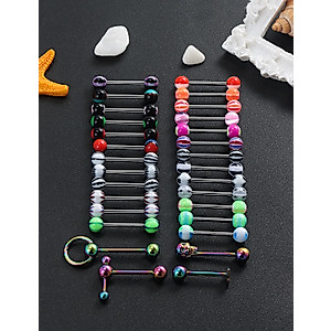 Leiainely Tongue Rings Piercing Jewelry for Women Men Work 14g 14 Gauge Cute Green Rainbow Surgical Stainless Steel Metal Clear Plastic Acrylic Silicone Para La Lengua Aretes Tounge Barbell Balls Set