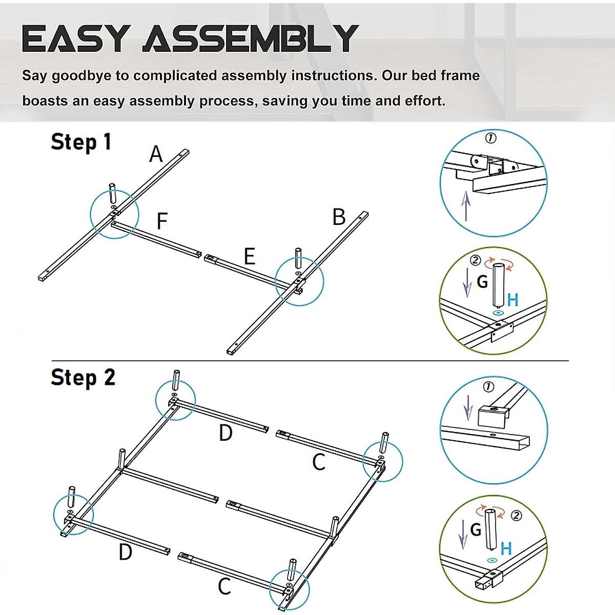 VTWAZAST Queen Size Bed Frame, 7 Inch Metal Heavy Duty Base for Box Spring, 9-Leg Support, Non-Slip, Noise-Free, Easy Assembly, Black
