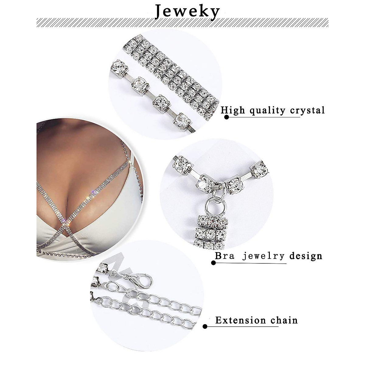Jeweky Boho Crystal Body Chain Silver Rhinestone Harness Bra Jewelry Beach Bikini Body Jewelry for Women