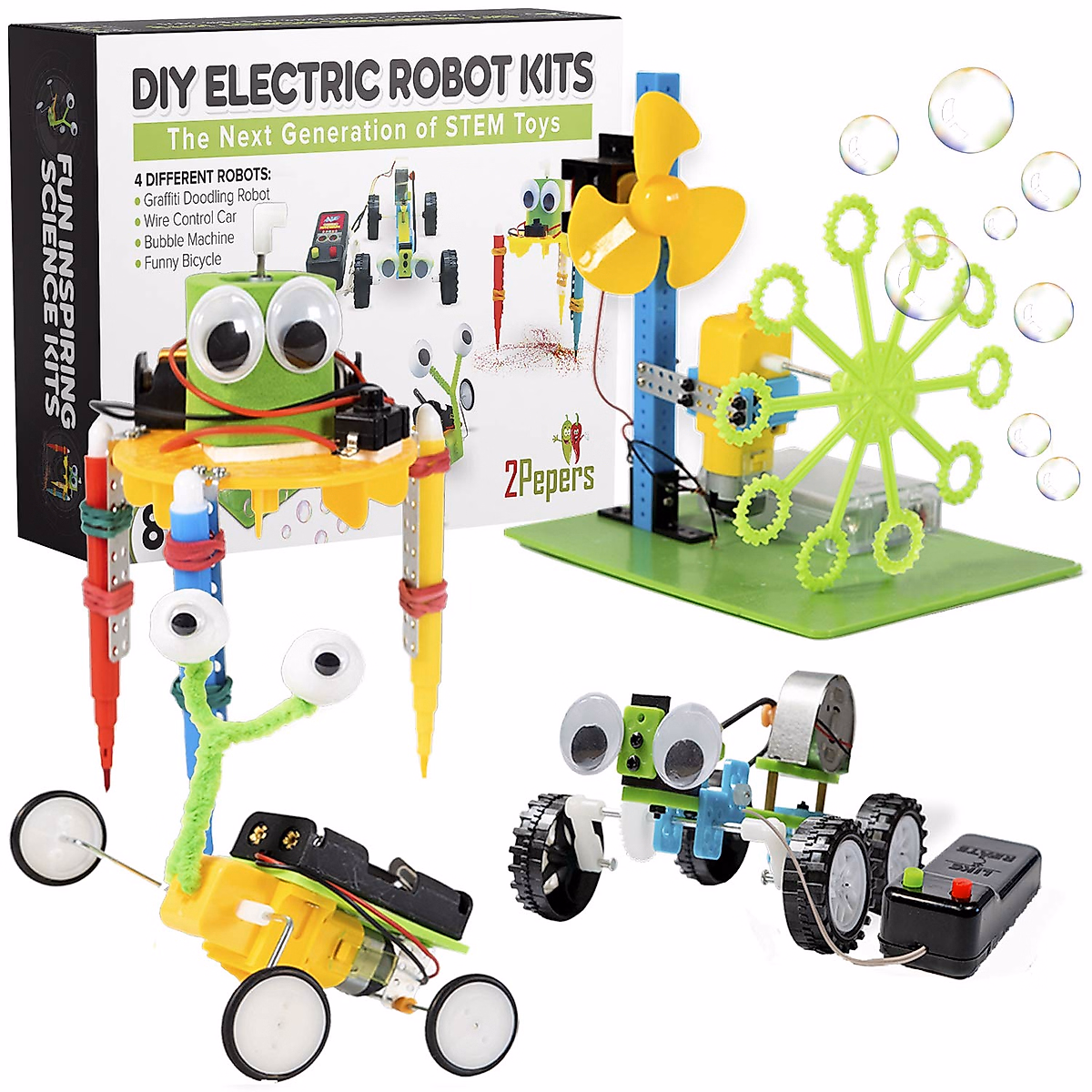 2Pepers Electric Motor Robotic Science Kits for Kids (4-in-1), DIY STEM Toys Kids Science Experiment Kits,Building Educational Robotics Kit for Boys and Girls,Circuit Engineering Science Project Kits