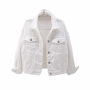 Locachy Women's Casual Denim Jacket Solid Color Basic Long Sleeve Jean Jacket Coat White XL