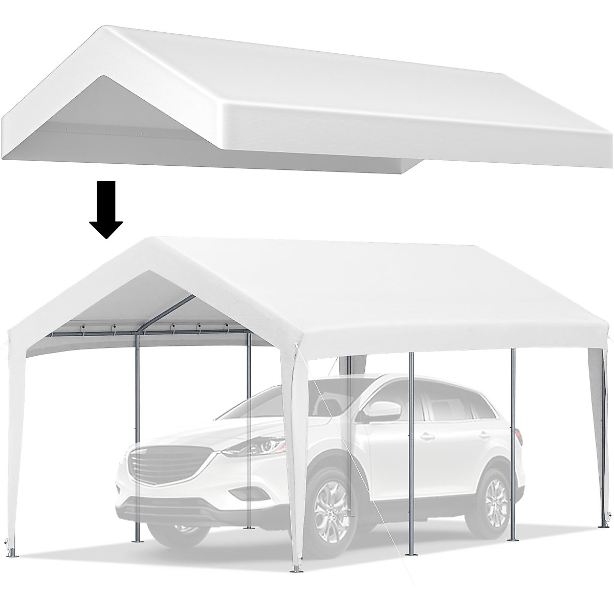 VEVOR 10 x 20 ft Carport Replacement Canopy Cover, Ripstop Triple-Layer PE Fabric Garage Top Tarp Shelter Cover, UV Resistant Waterproof Car Cover Tent for Party, Garden, Boat (Frame is not Included)