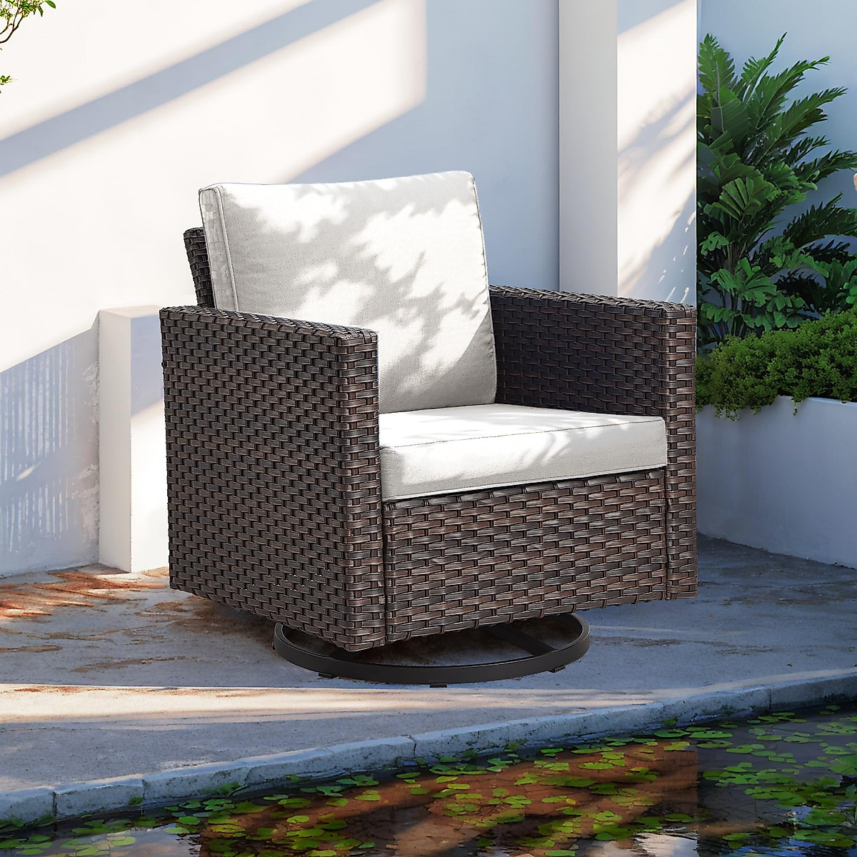 Rilyson Patio Chairs Rocking Swivel Chair - Single Outdoor Patio Rattan Wicker Rocker Chair with High Back and Deep Seating for Outdoor Outside Deck Porch Garden(Brown/Beige/1PC)