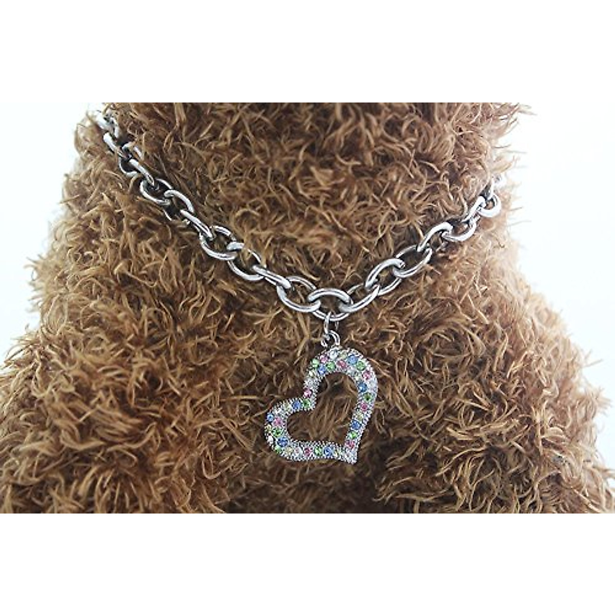 XKSRWE TM Dog Cat Chains Necklace Collar with Colourful Rhinestone Heart Charm Pendant Pet Jewelry Handmade Adjustable (L, Colorful)