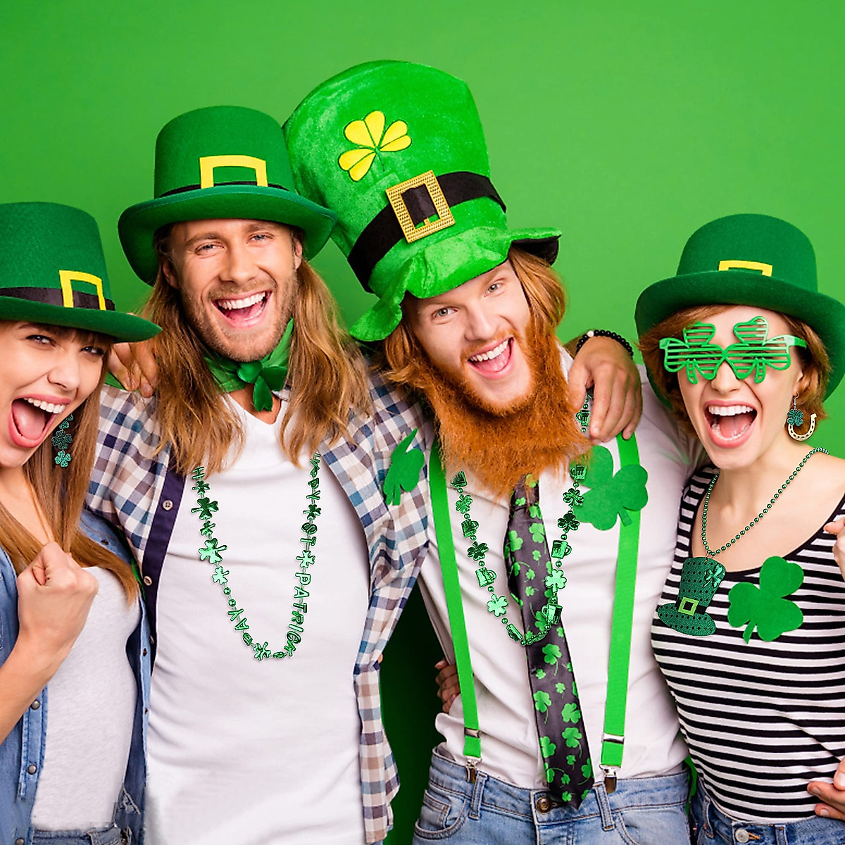 Florideco St. Patrick's Day Accessories Costumes Set With 2 Pairs Earrings 2 Glasses 4 Shamrock Necklace 2 Lucky Bracelets 6 Mustaches 2 Irish Shoulder Strap for Women Irish Party Favors St Patricks Day Decorations