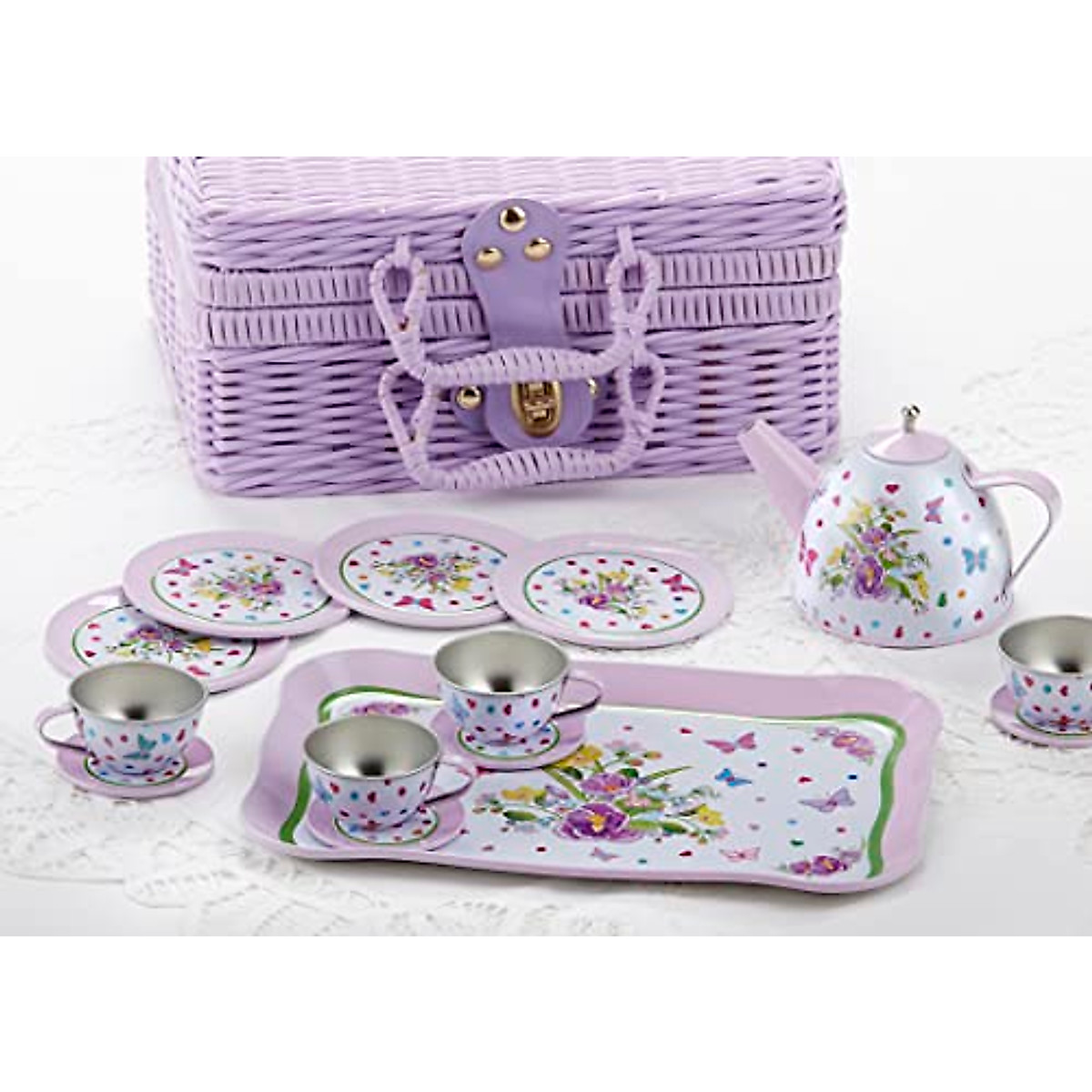 Tin 15 Pc Tea Set in Basket, Pansy