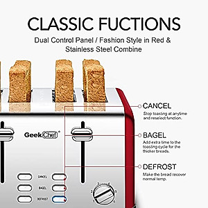 Geek Chef 4 Slice toaster, Best Rated Prime Retro Bagel Toaster with 6 Bread Shade Settings, 4 Extra Wide Slots, Defrost/Bagel/Cancel Function, Removable Crumb Tray, Stainless Steel Toaster, 1500W (Red-Classic)