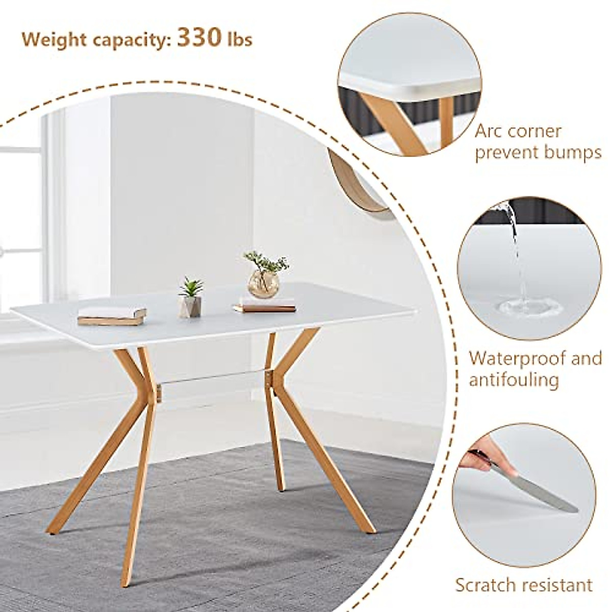 Lecut Dining Table with MDF Top and Metal Legs Modern Mid Century Rectangle Kitchen Table for Dining Room Living Room Small Spaces 47Inch White