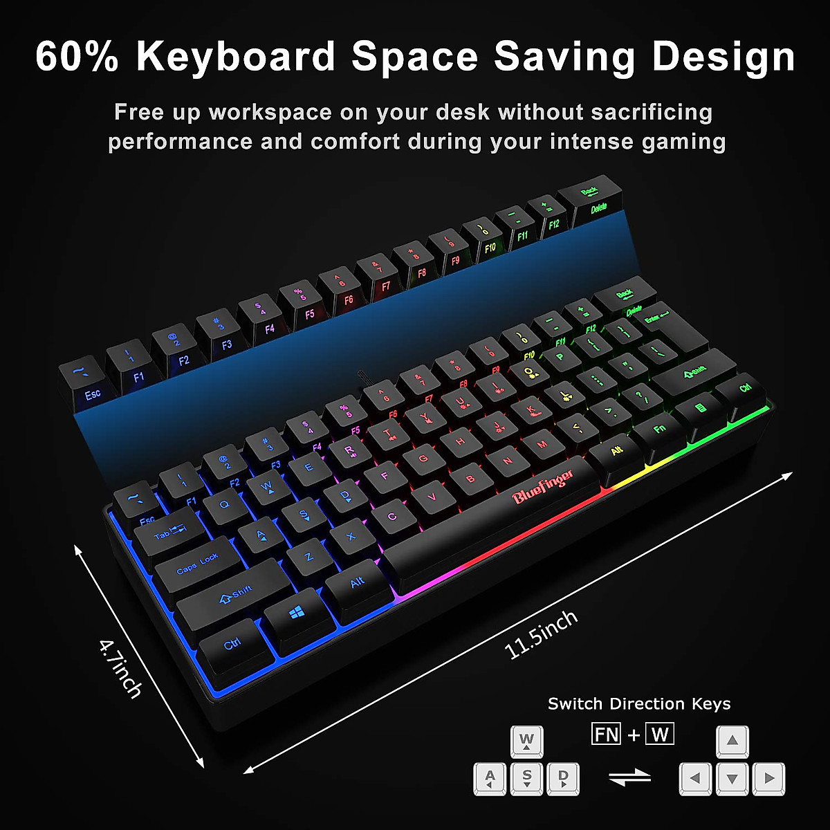 BlueFinger 60% Gaming Keyboard and Mouse Combo, Compact 61 Keys RGB Rainbow Backlit USB Wired Gaming Keyboard with Illuminated Gaming Mouse for PC Laptop Computer Gamer Office Work