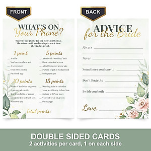 Bridal Shower Games + Advice Cards - For 30 Guests - 4 Activities on Double Sided Cards Includes 3 Games + 1 Advice Card - Greenery Floral Wedding Shower Games With Gold Metallic Details. Set of 4