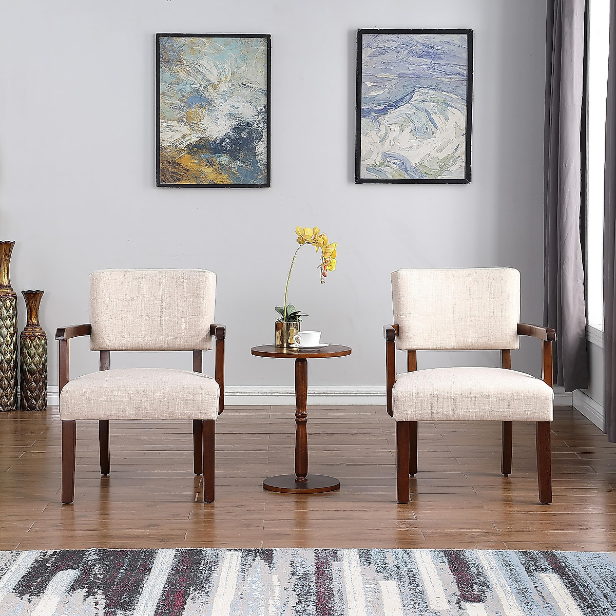 HMFULE 24.25'' Mid Century Accent Chair Set of 2 with Round Wood Table Modern Fabric Arm Chair for Living Room Bedroom Reading Room(Beige)