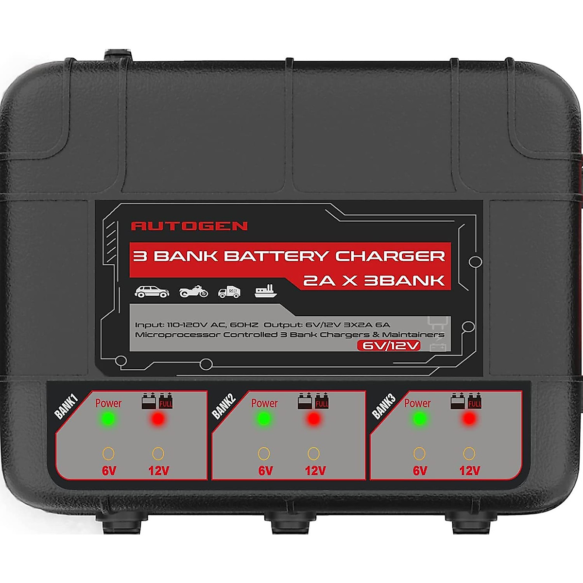 AUTOGEN 3-Bank Marine Battery Charger, 6-Amp (2-Amp Per Bank) Smart Battery Trickle Charger Maintainer, 6V & 12V Onboard Battery Charger and Battery Maintainer