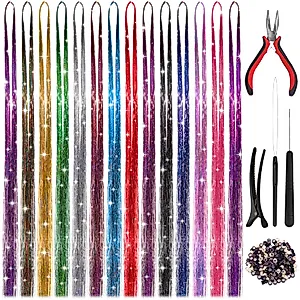 HAUTOCO Hair Tinsel Kit, 2800 Strands 47 Inch Glitter Tinsel Hair Extensions with Tools Fairy Hair Tinsel Kit, Heat Resistant Sparkling Hair Tinsel for Cosplay Christmas New Year Party(14 Colors)