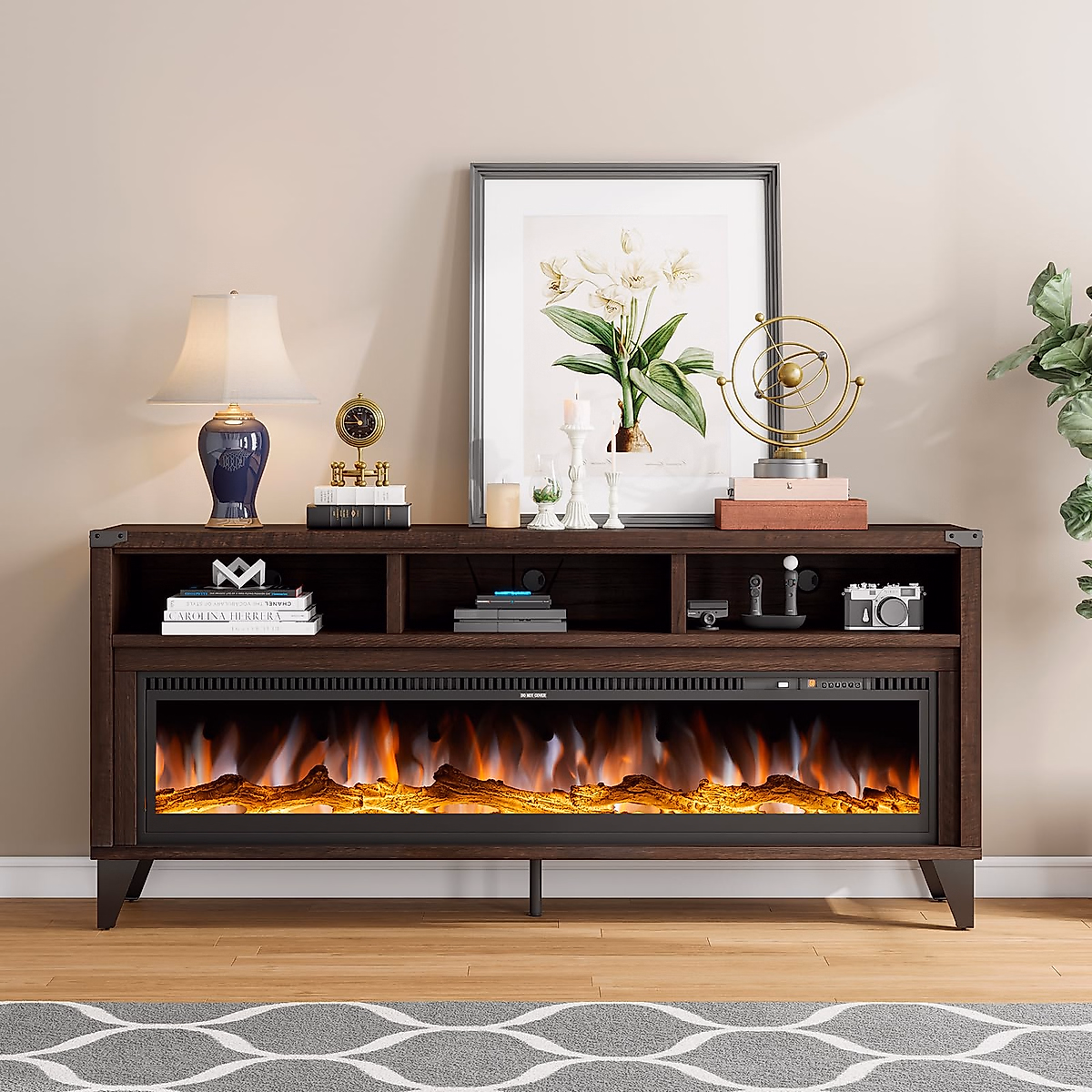 LUXOAK 65“ Fireplace TV Stand, Farmhouse Entertainment Center with 60" Tempered Glass Electric Fireplace, Industrial Media Console with Open Storage Space for TVs up to 75", Espresso