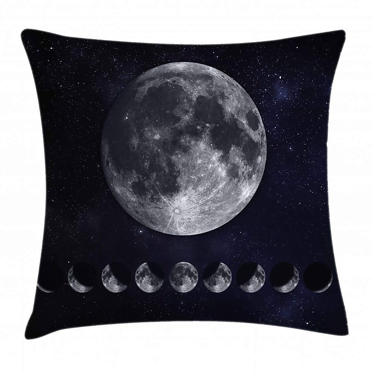 Lunarable Moon Phases Throw Pillow Cushion Cover, Giant Moon on The Starry Night Sky Eclipse Movement Celestial Science, Decorative Square Accent Pillow Case, 20" X 20", Indigo Black