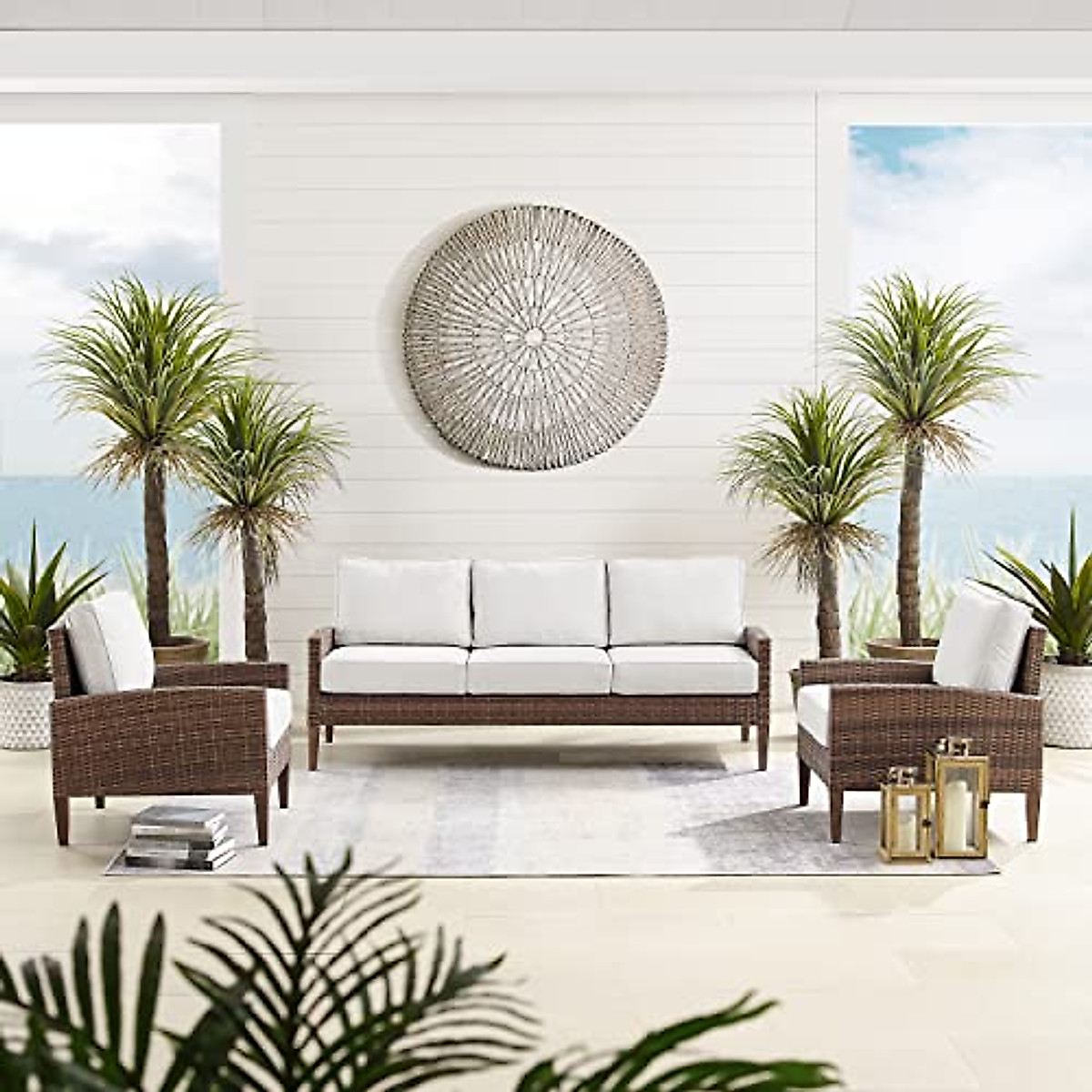 Crosley Furniture KO70193BR-CR Capella Outdoor Wicker 3-Piece Sofa Set (Sofa, 2 Armchairs), Brown with Creme Cushions