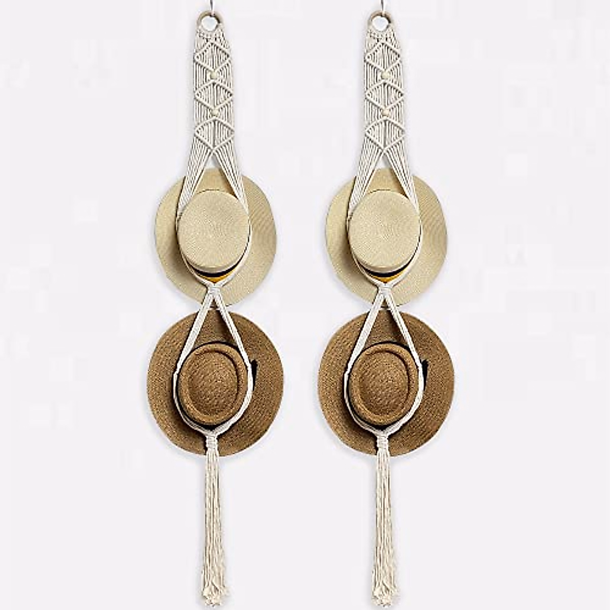 2 Pcs Boho Hat Racks for Wall, Macrame Hat Wall Hanger, Cowboy Hat Holder, Wall Hat Display Organizer Hand Weaving Hat Rack Decorative Cap Holder for Wide Brim (Boho, Off White)