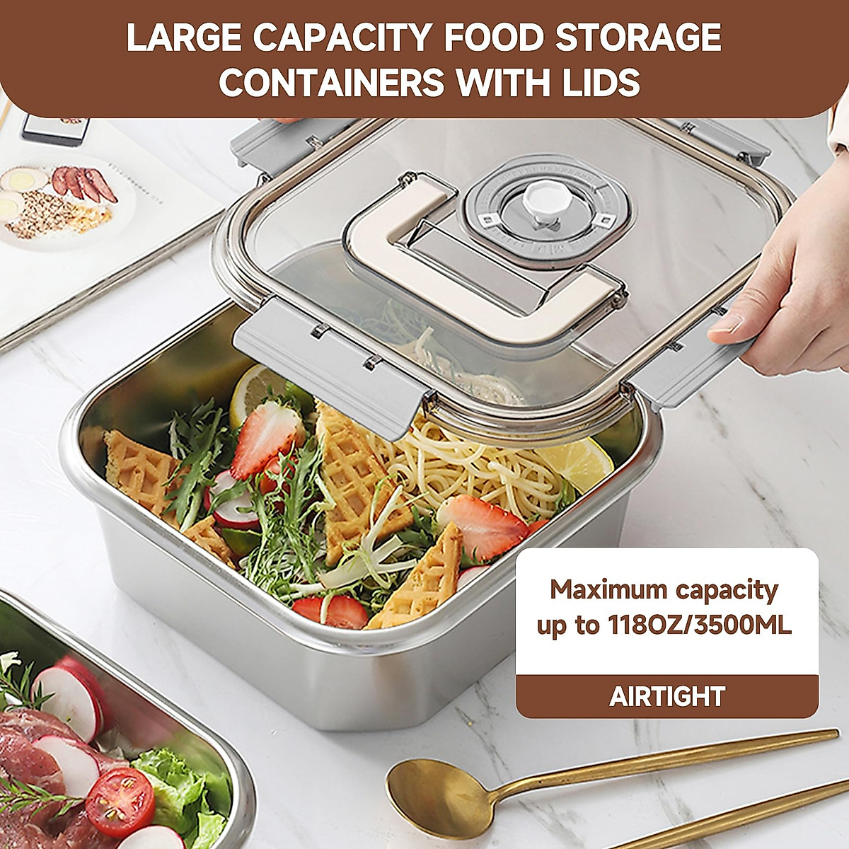 Fzaqwen Stainless Steel Food Storage Containers - 304 Square Refrigerator Organizers with Handle Airtight Lids Meal Prep Reusable Metal Pantry for Fruit Salad - Keep Fresh Save Date 118oz