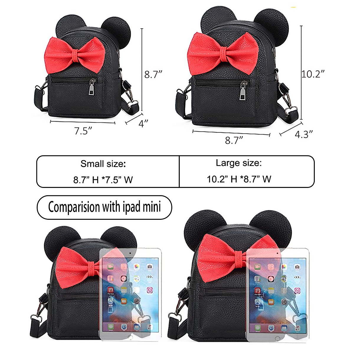 Sunwel Fashion Girls Women Cartoon Mouse Ear Polka-dot Sequin Bow Convertible Backpack Purse Crossbody Bag