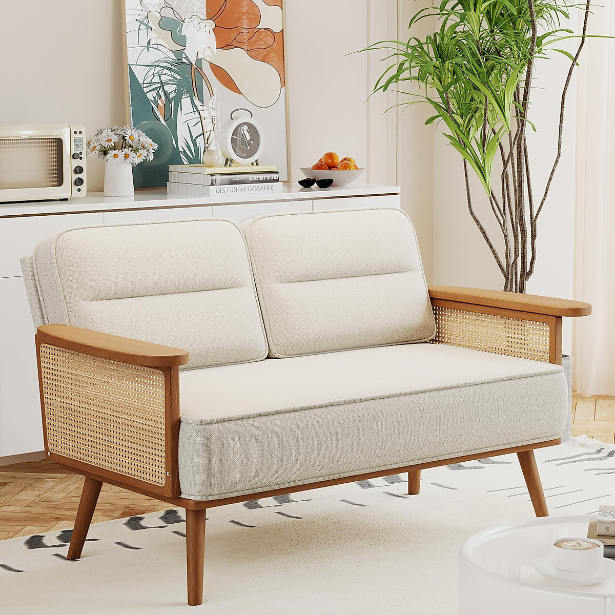 ALISH Loveseat Small Sofa Couch with Rattan Armrest Modern Settee Bench Dining Banquette Seat for Kitchen Dining Room Living Room